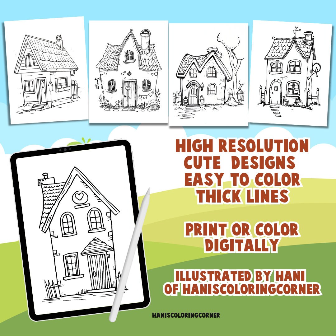 Houses Coloring Pages Book Easy Cute Printable Adult Kids Digital for ...