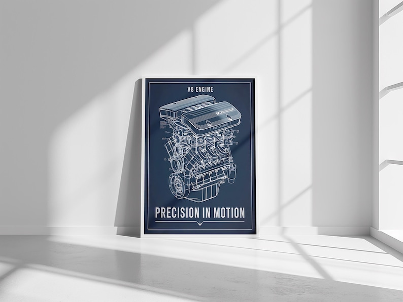 V8 Engine Blueprint Poster - Technical Car Art Print, Mechanical Wall ...