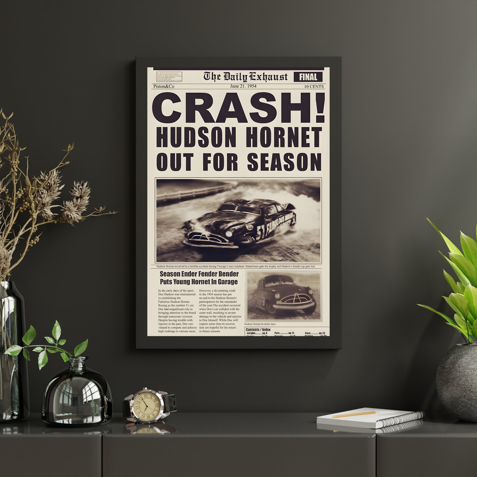 Crash Hudson Hornet Out for Season - Vintage Car Newspaper Print,retro ...