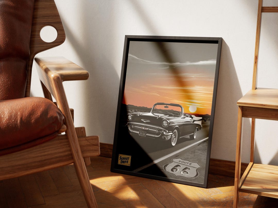 Vintage Route 66 Sunset Drive Poster | Classic Car Wall Art | Retro ...