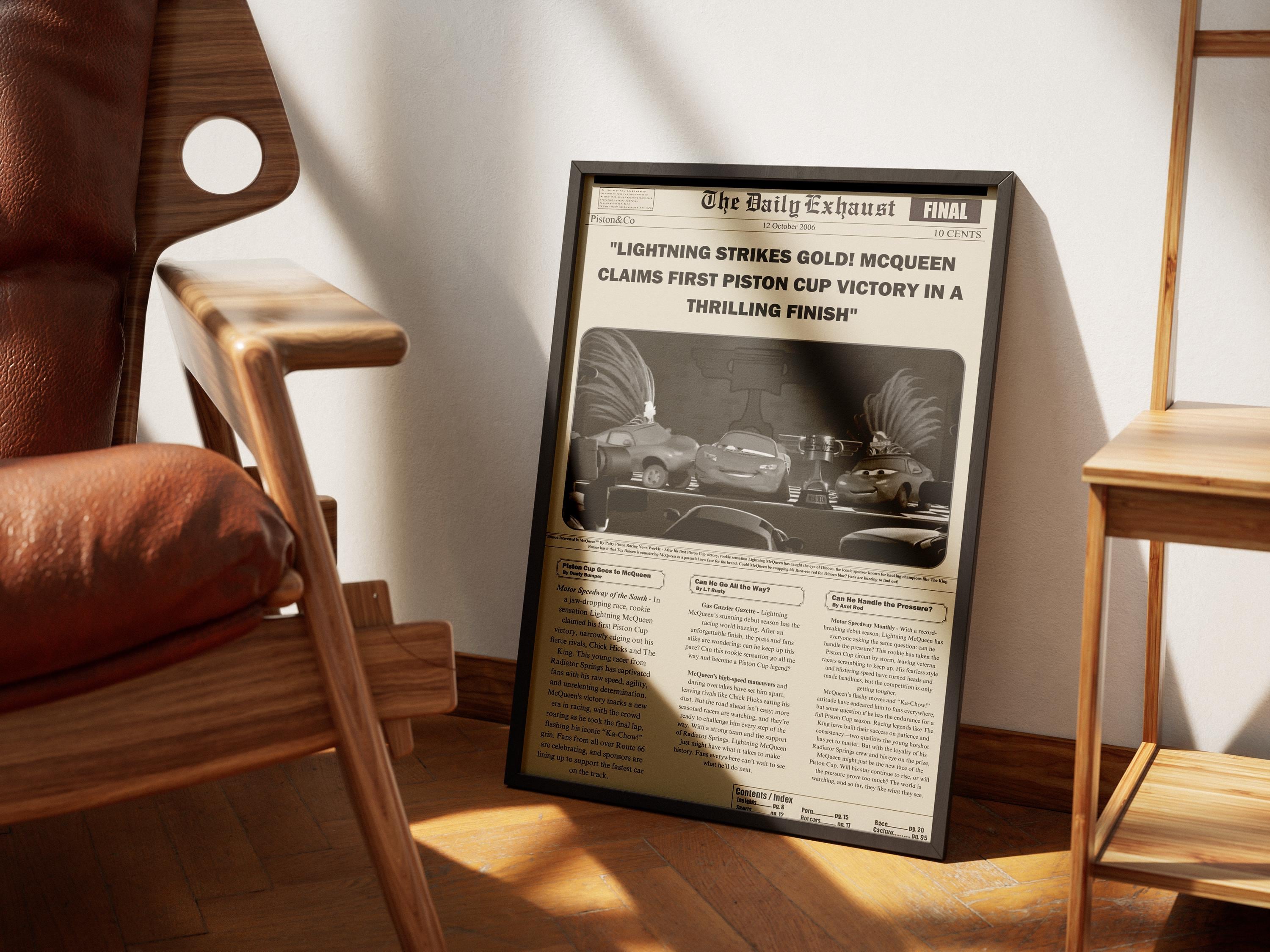 Vintage Racing Newspaper Poster - Lightning Mcqueen Piston Cup Victory ...