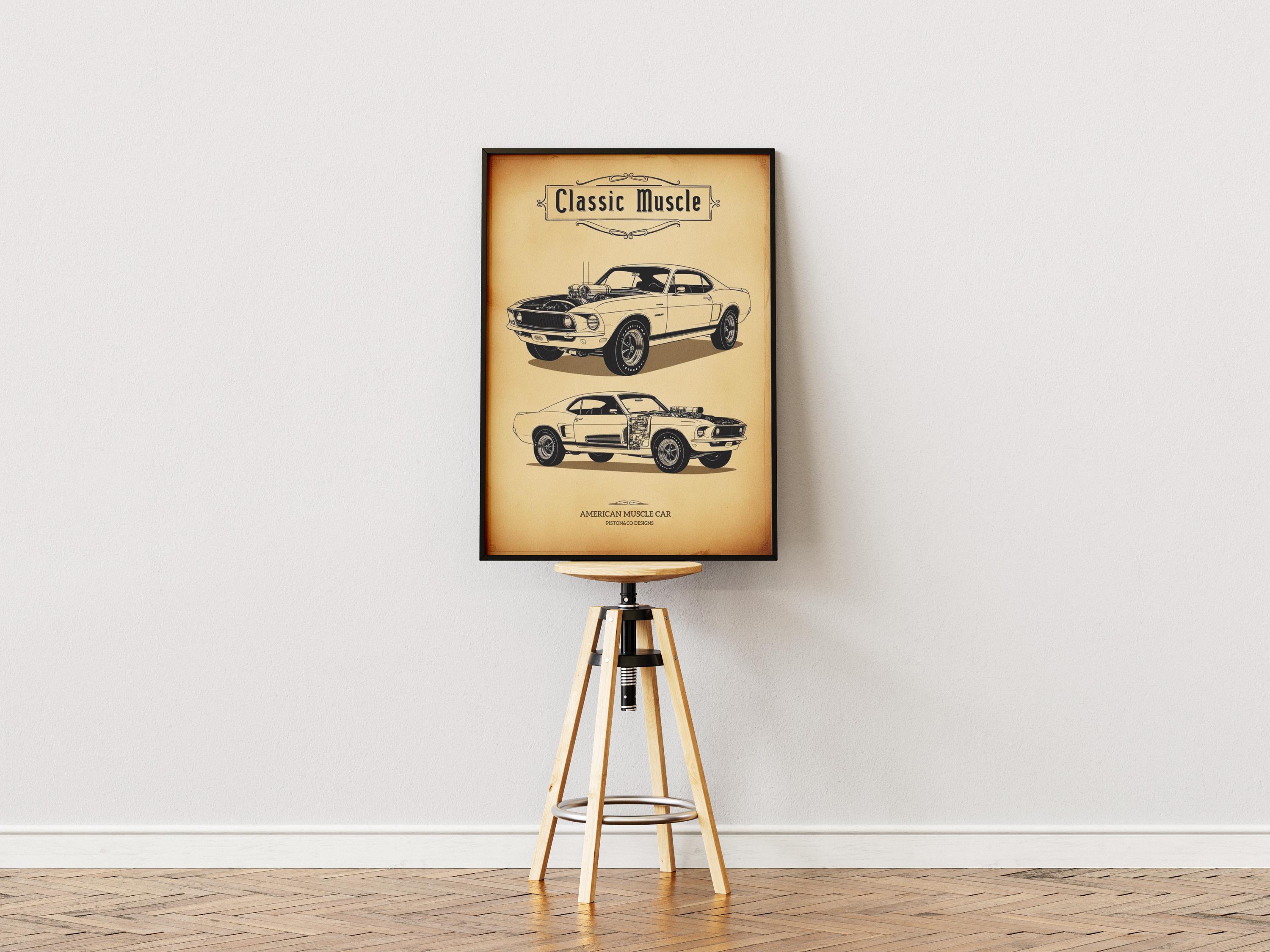 Vintage Muscle Car Blueprint Poster | Classic American Car Wall Art ...