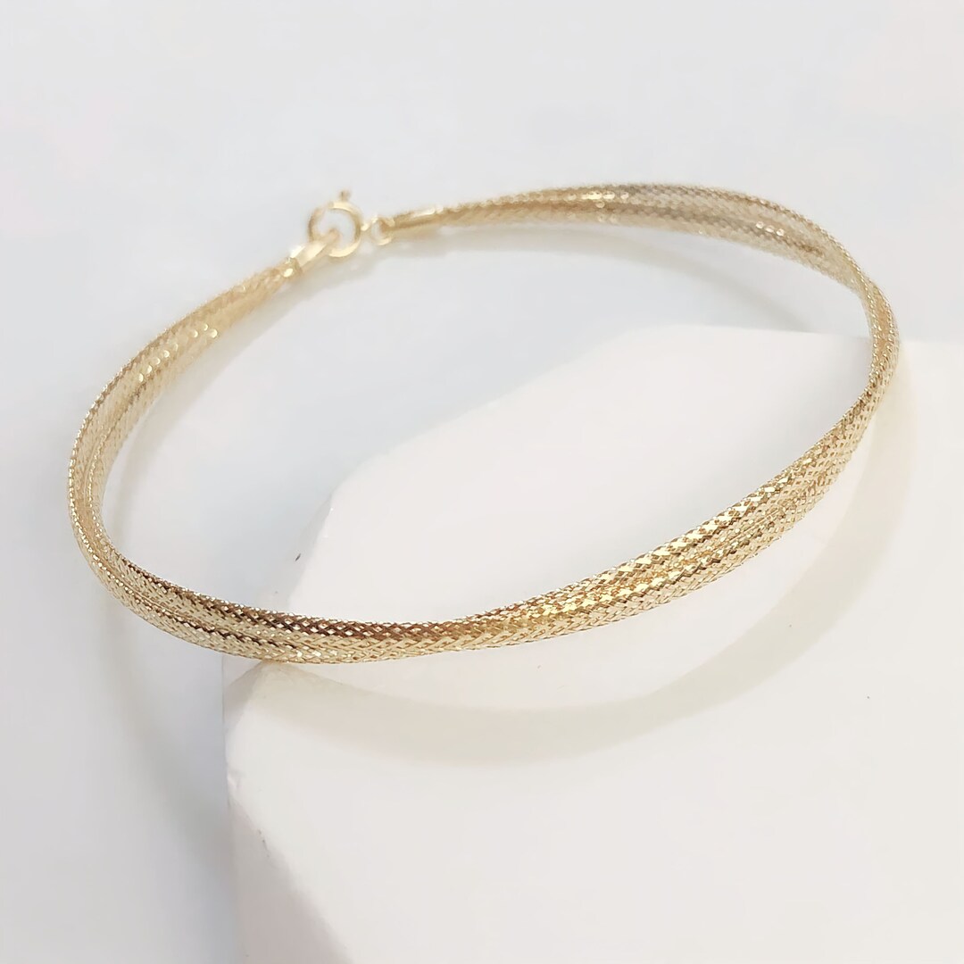 18K Solid Gold Two-layer Soft Bangle Interlapping Bracelet, 7 Inches ...