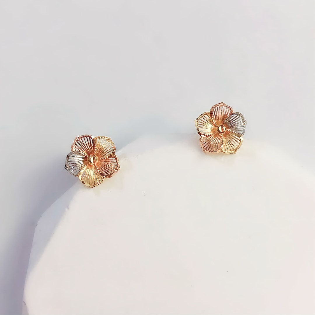 18K Solid Tri-color Gold Five Petal Flower Stud Earrings, Friction Back ...