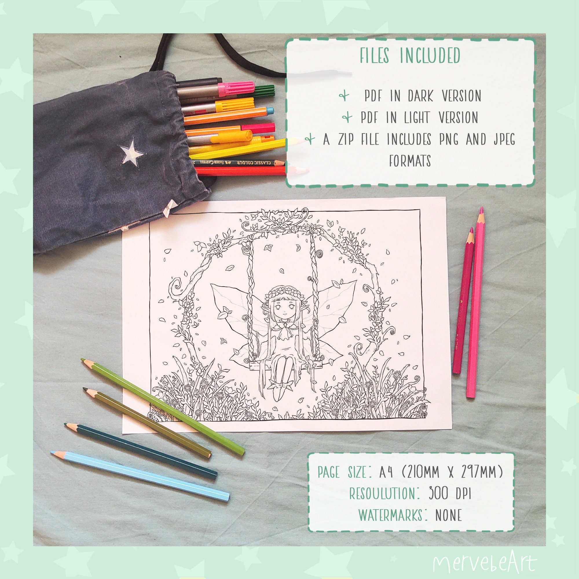 Swinging Fairy Coloring Page, Relaxing Drawings, Pixie Instant ...