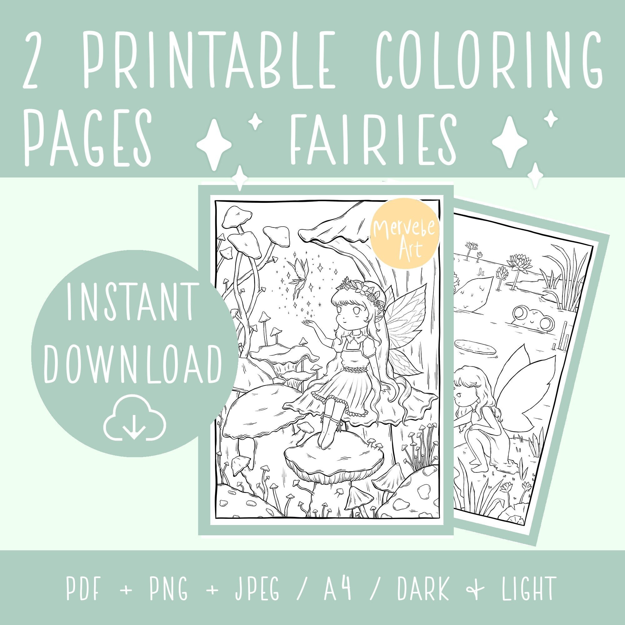 Among the Mushrooms Coloring Pages, River Pixies Instant Download, Cute ...