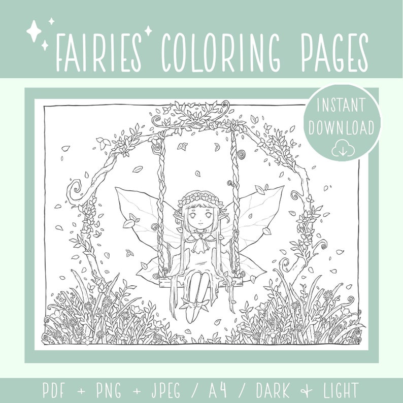 Swinging Fairy Coloring Page, Relaxing Drawings, Pixie Instant ...