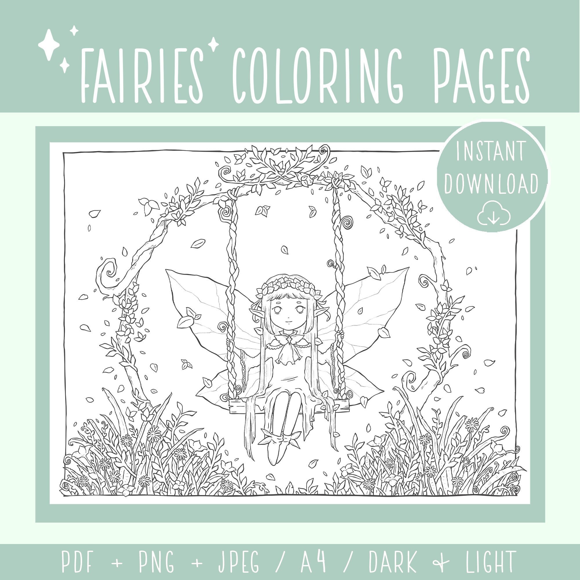 Swinging Fairy Coloring Page, Relaxing Drawings, Pixie Instant ...