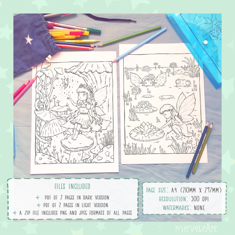 Among the Mushrooms Coloring Pages, River Pixies Instant Download, Cute ...