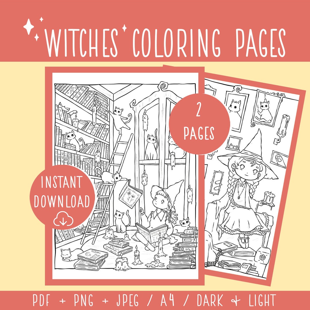 Library All Nighter Coloring Page, Witch Studying With the Cats, Cat ...