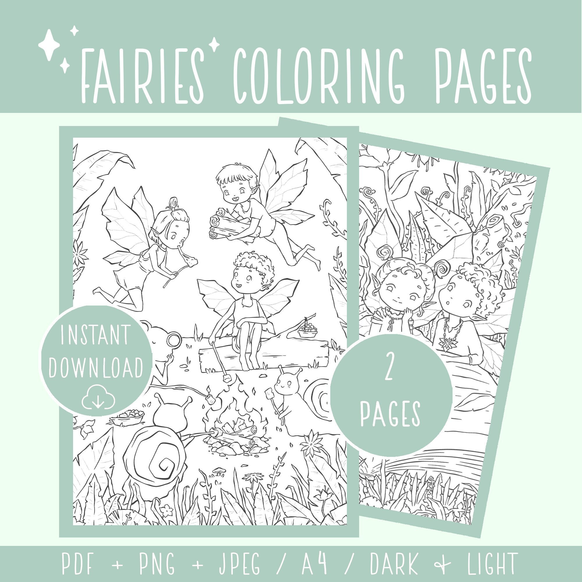 Camping Fairies, Cozy Fairy Coloring Pages, Cute Pixies Reading Book ...