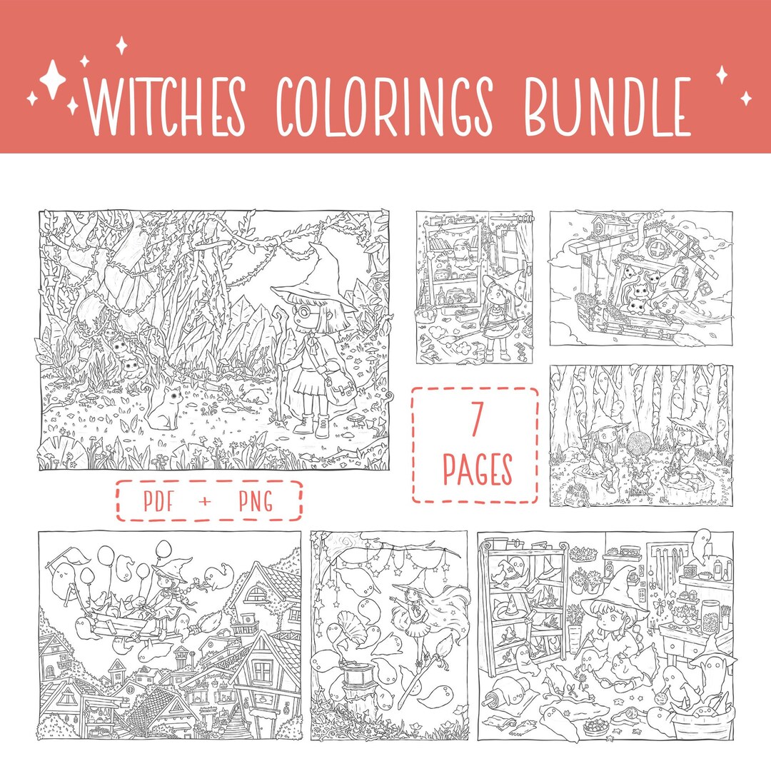 Cute Witches Bundle - 3 , Witch Coloring Pages, Instant Download ...