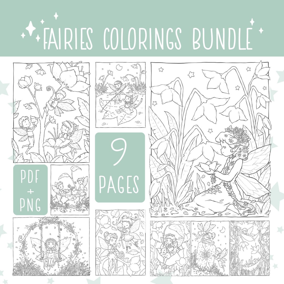 Cute Fairies Bundle - 2 , Fairy Coloring Pages, Instant Download ...