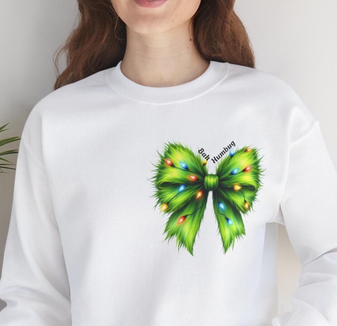 Christmas Lights Bah Humbug Green Fuzzy Bow Sweatshirt, Fun Holiday ...