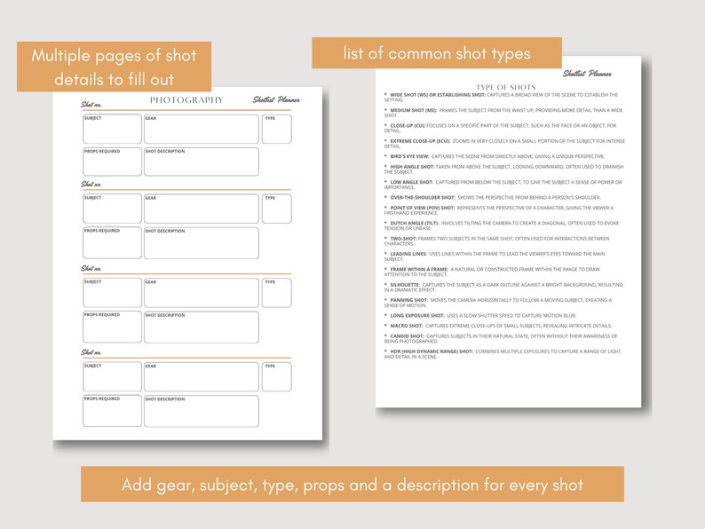 Photography Shot List Planner | Printable A4 and US Letter PDF | Shot ...
