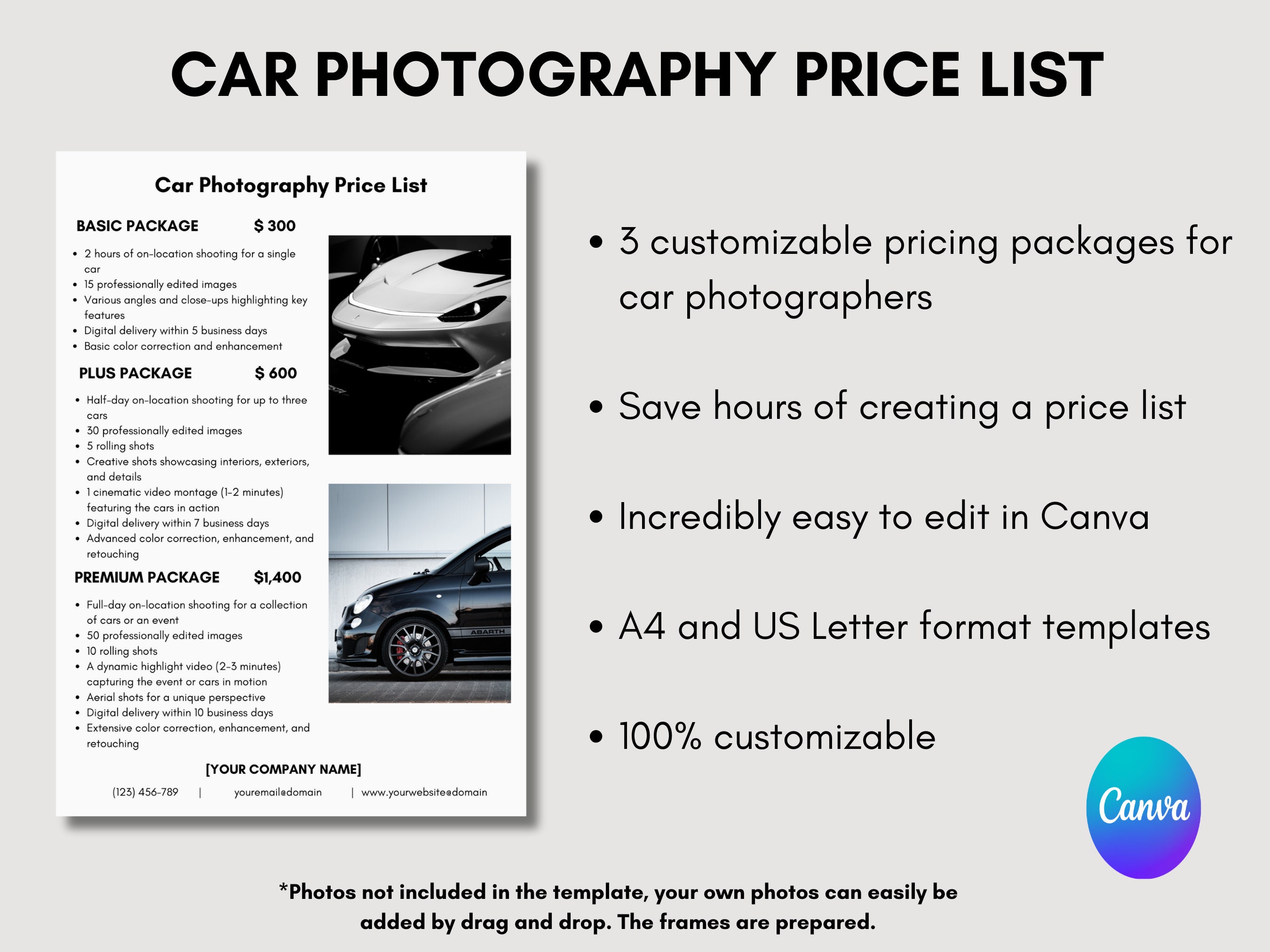 Car Photography Pricing List | Canva Template | Automotive - Etsy