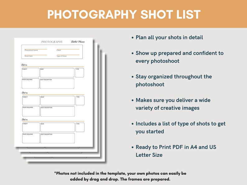 Photography Shot List Planner | Printable A4 and US Letter PDF | Shot ...