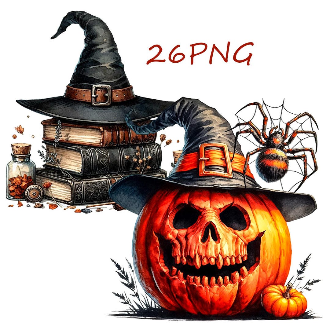 Halloween Clipart Bundle: Witch Hat, Skull, Pumpkin (26 PNG Digital ...
