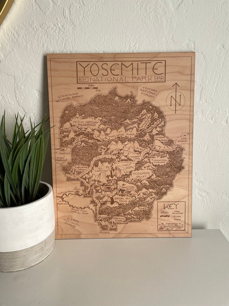 Yosemite National Park Laser Engraged Wooden Map, Originally Hand-drawn ...