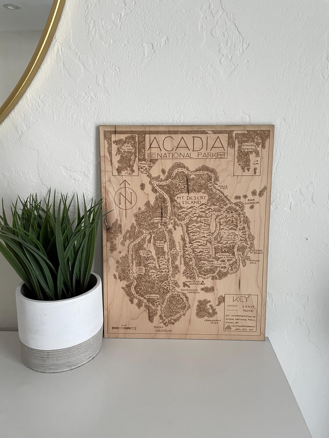 Acadia National Park Laser Engraged Wooden Map, Originally Hand-drawn ...