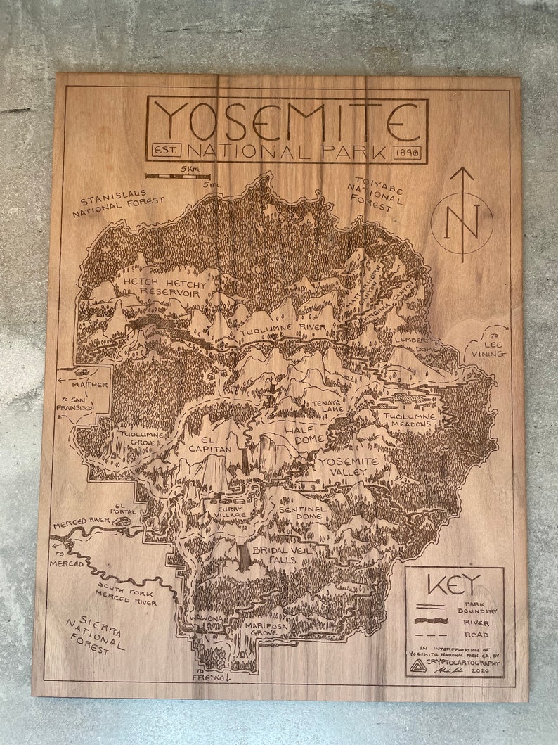 Yosemite National Park Laser Engraged Wooden Map, Originally Hand-drawn ...