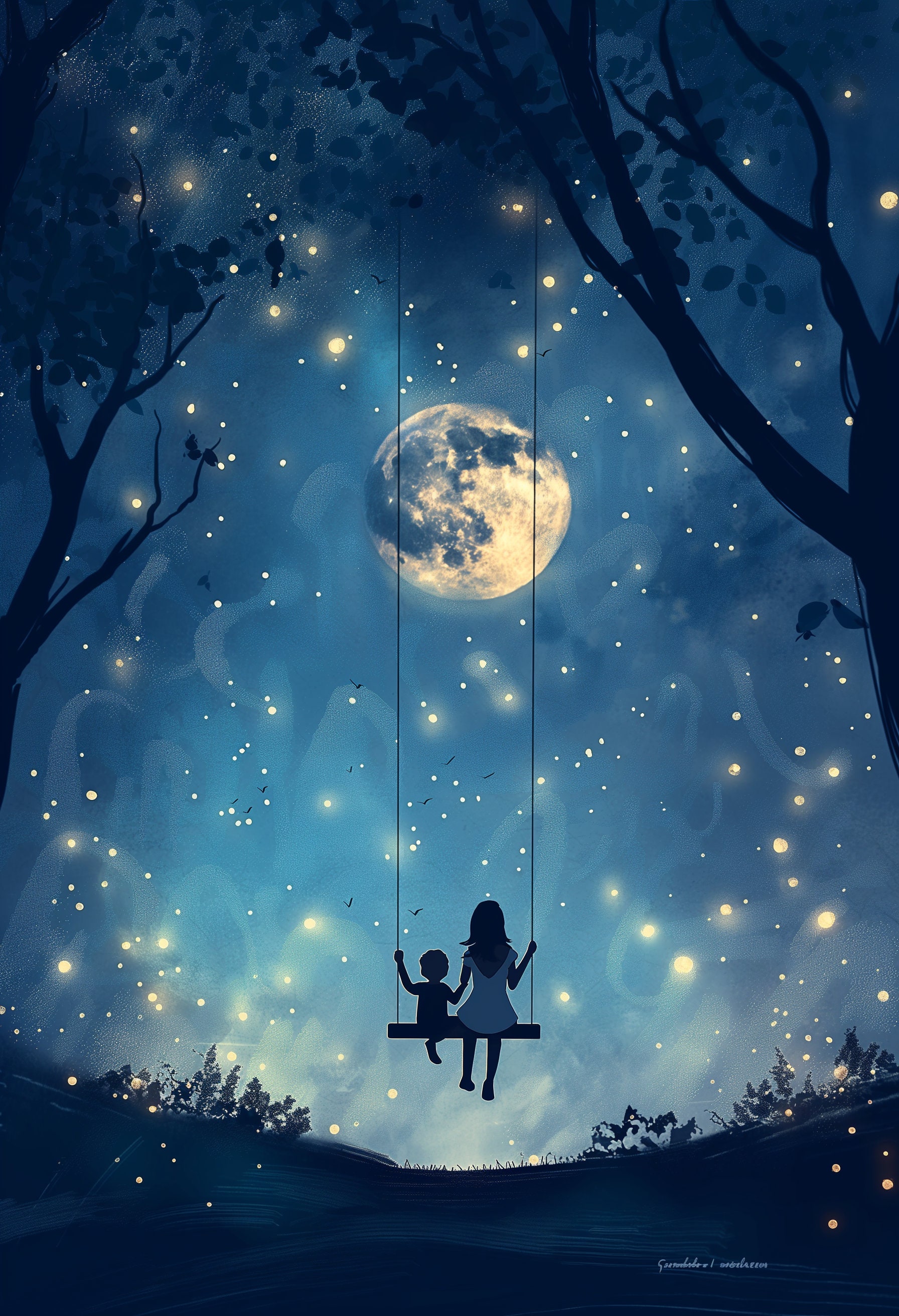 Mother and Son Celestial Swing Digital Image Tranquil Night Sky Art ...