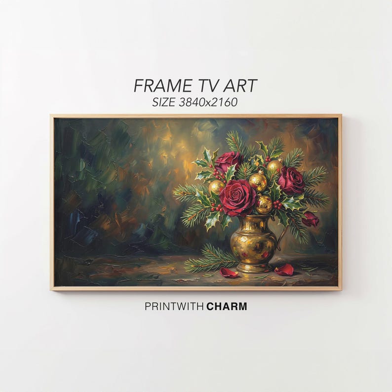 Red Roses Holly Bouquet Frame TV Art, Golden Christmas Impasto Oil ...