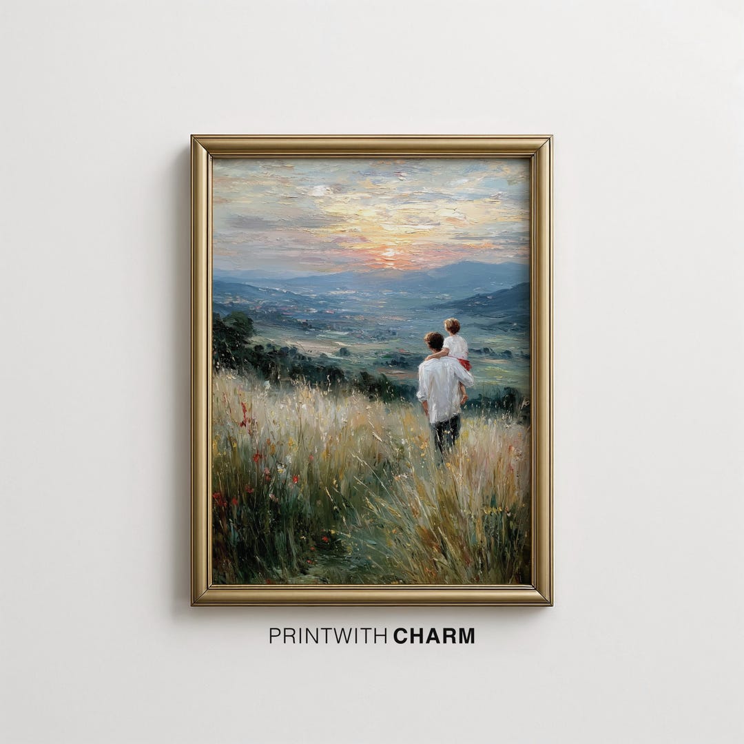 Vintage Father and Son Print, Moody Sunset Painting, Dad Gift, Rustic ...