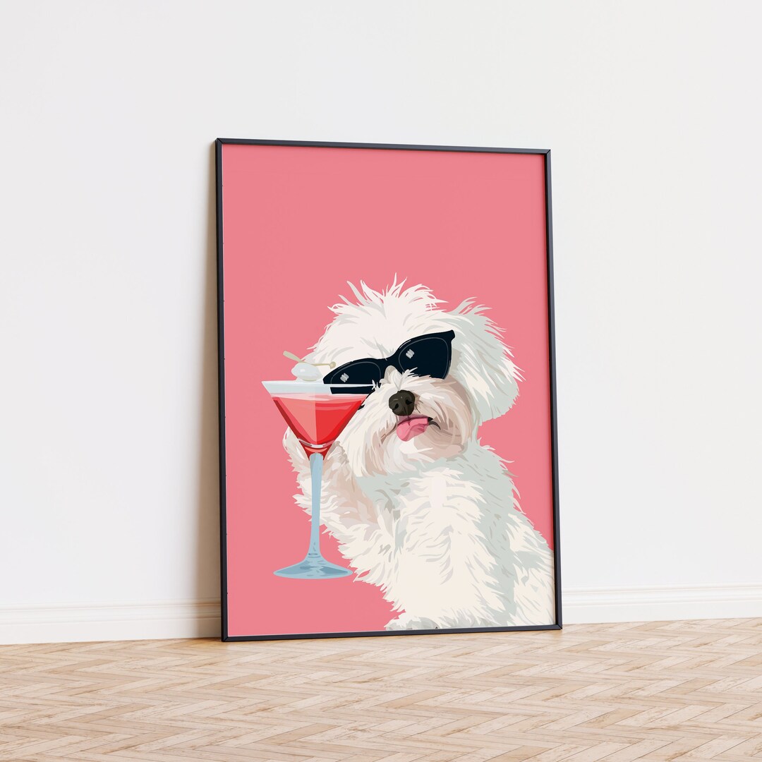 Cheers Dog Print, Cin Cin White Dog Cocktail Glass Digital Wall Art ...