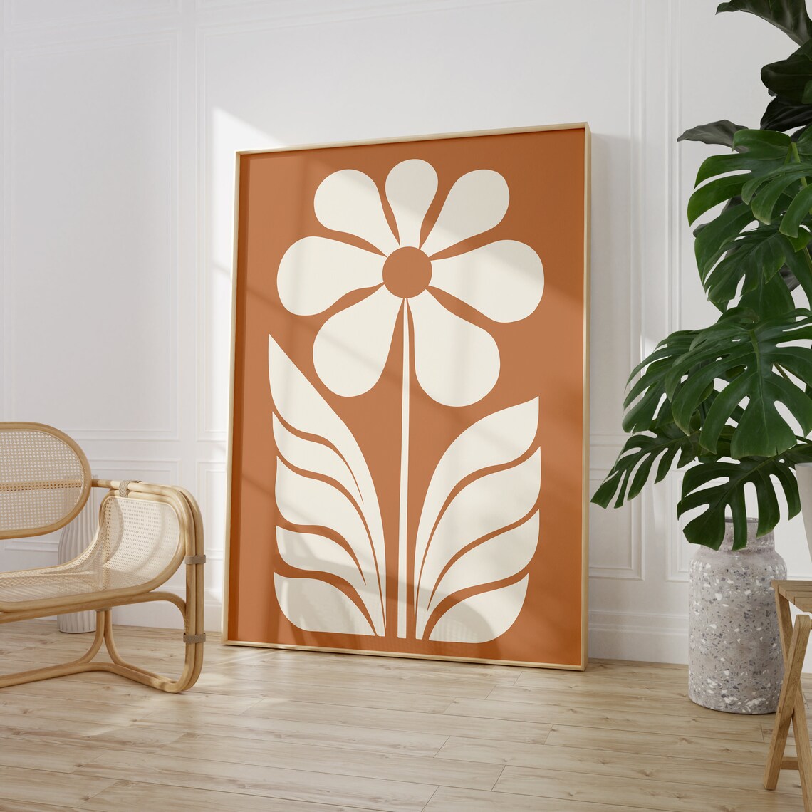 Single Flower Abstract Art, Terracotta Minimalist Floral Wall Art ...