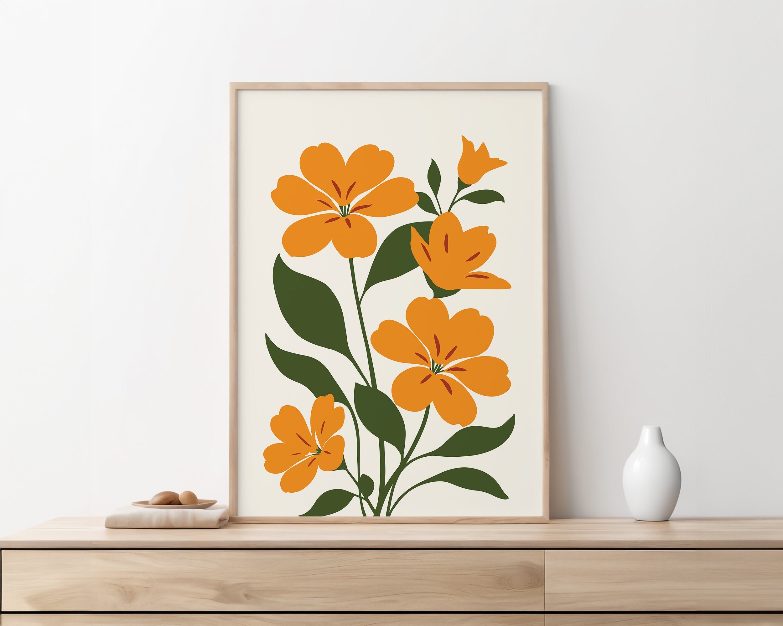 Yellow Orange Abstract Flower Poster, Botanical Flowers Print 70s Wall ...