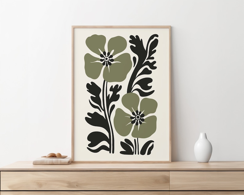 Green Abstract Botanical Flowers Print 70s Wall Art, Hand Drawn Boho ...