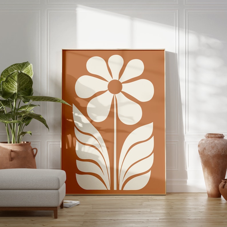 Single Flower Abstract Art, Terracotta Minimalist Floral Wall Art ...