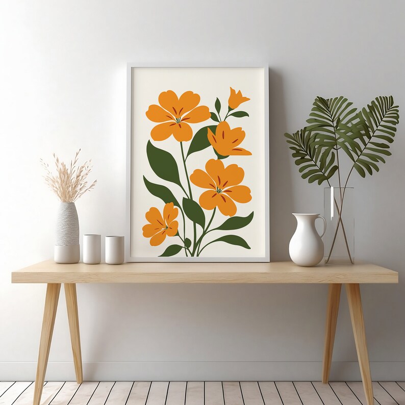 Yellow Orange Abstract Flower Poster, Botanical Flowers Print 70s Wall ...