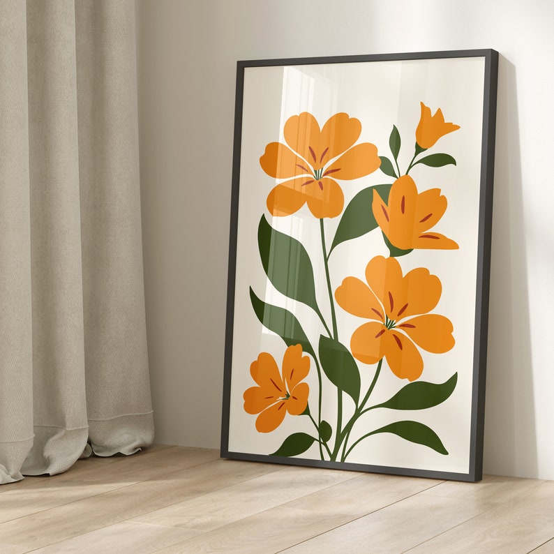 Yellow Orange Abstract Flower Poster, Botanical Flowers Print 70s Wall ...