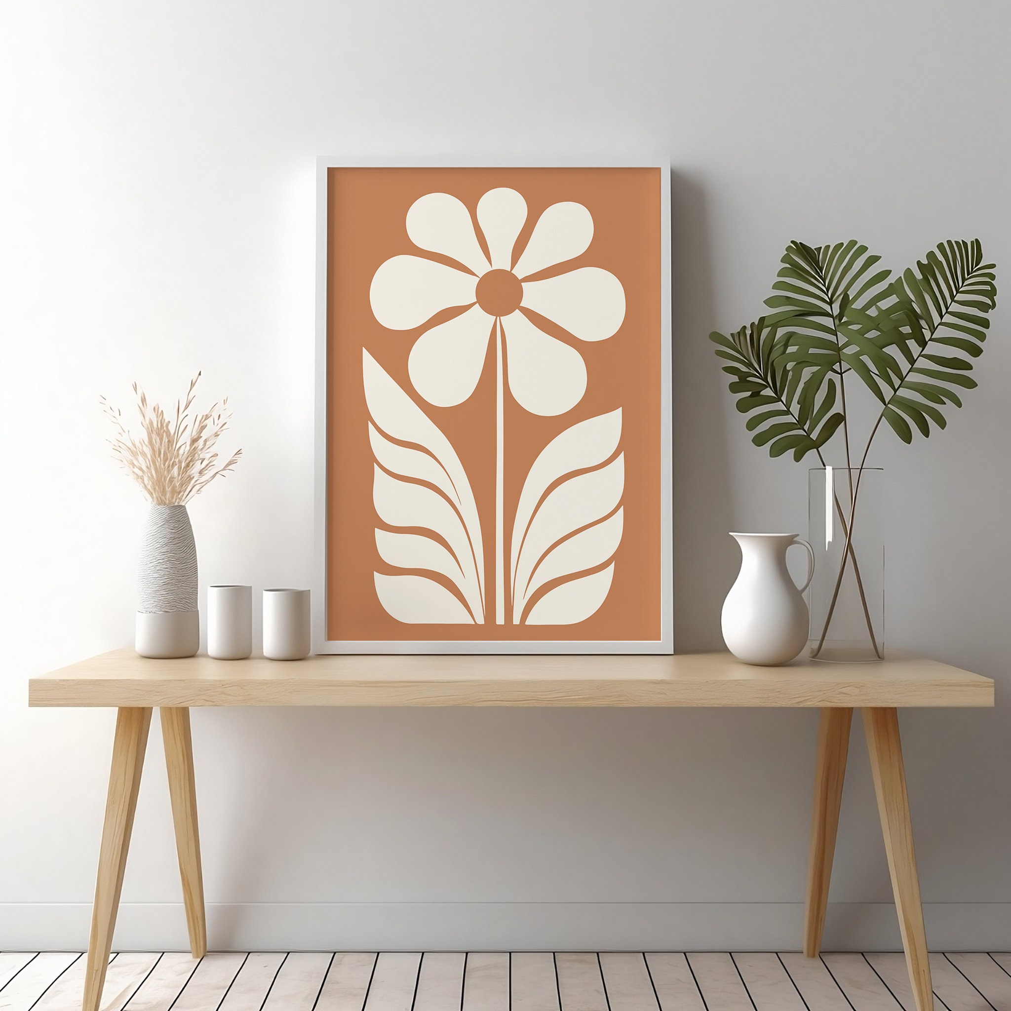 Single Flower Abstract Art, Terracotta Minimalist Floral Wall Art ...
