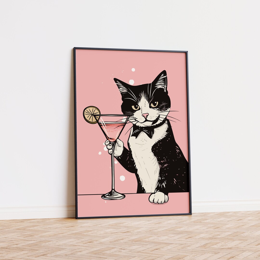 Cheers Cat Print, Cat Cocktail Glass Digital Wall Art, Animal Poster ...