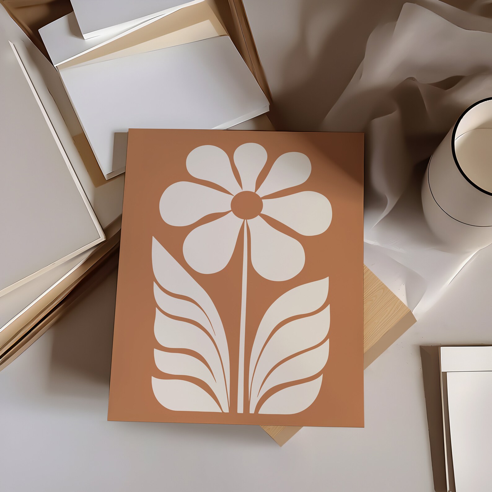 Single Flower Abstract Art, Terracotta Minimalist Floral Wall Art ...