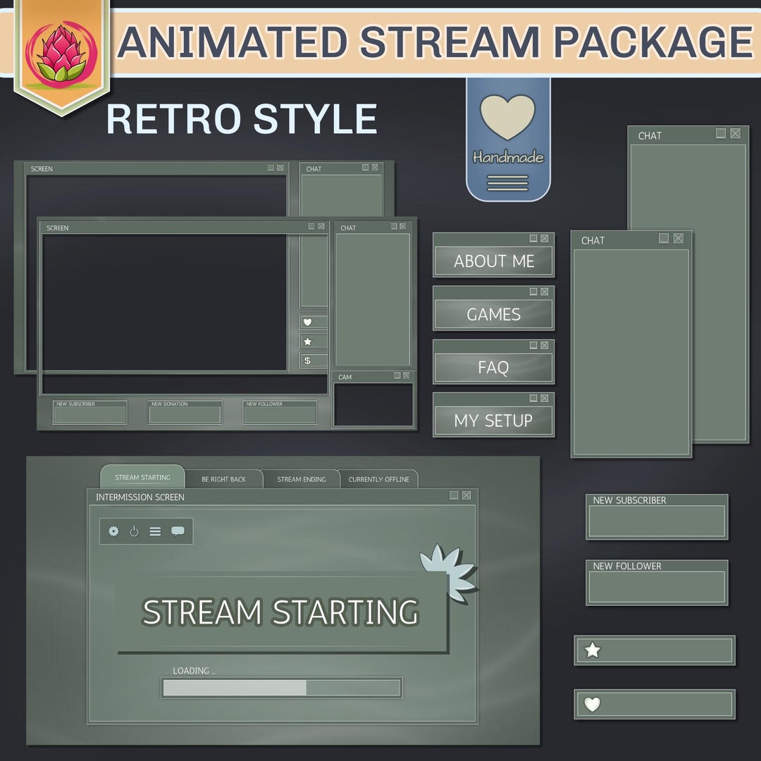 Retro Animated Twitch Streaming Pack | Green Minimalistic Overlay ...