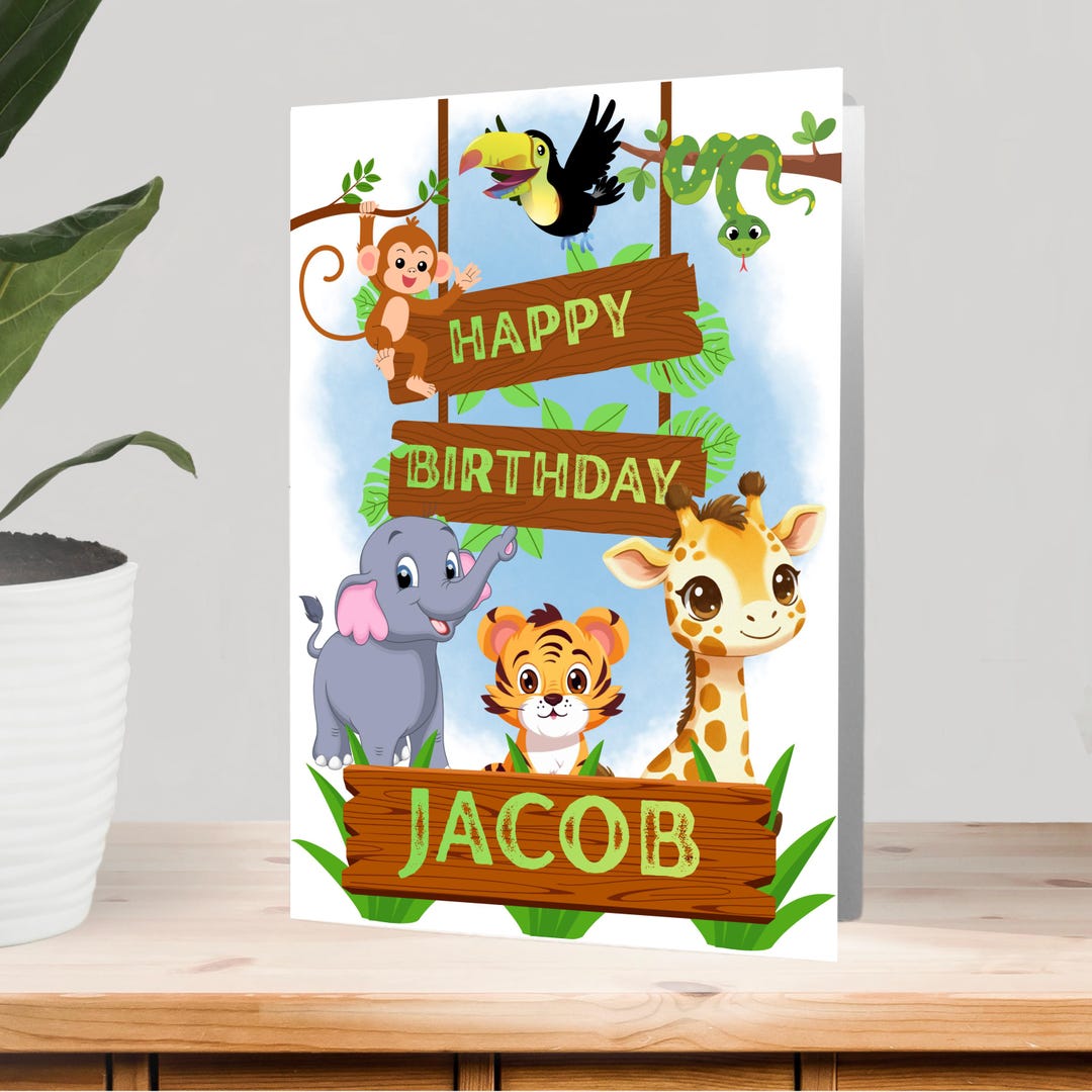 Personalized Jungle Birthday Card, Baby Animals, Jungle Theme Birthday ...