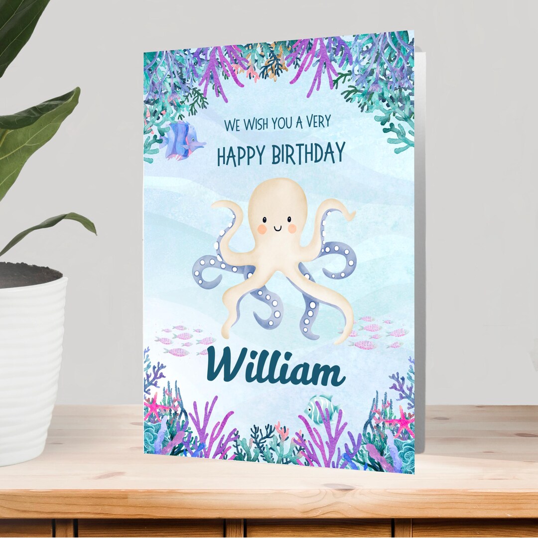Personalized Octopus Birthday Card for Kids, for Girl, Boy, Baby, Cute ...