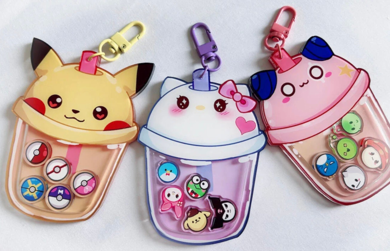 Cute Adorable Anime Boba Milk-tea Shaker Charm Keychain Pokemon Kitty ...