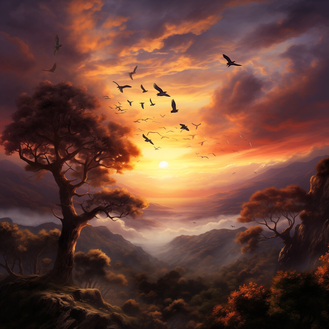 Portrait of a Sunset Mountain With Birds Flying in the Sky - Etsy