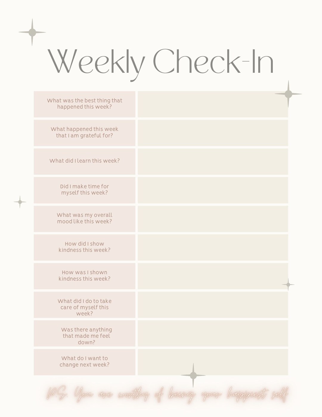 Weekly Check in Worksheet Gratitude Journal Page Printable Motivation ...