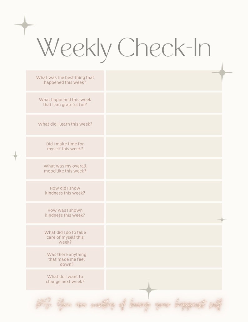 Weekly Check in Worksheet Gratitude Journal Page Printable Motivation ...