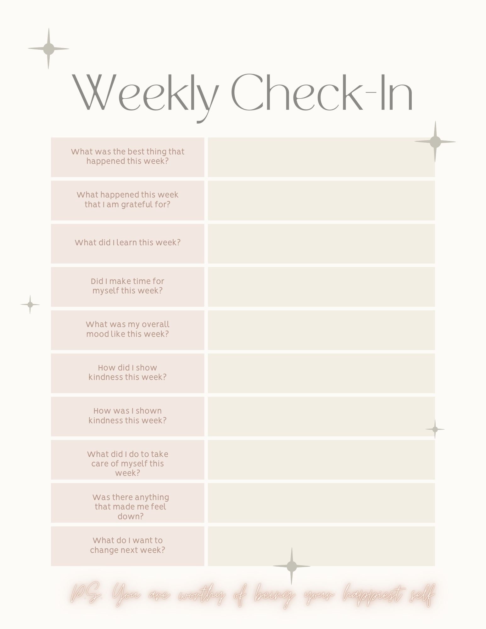 Weekly Check in Worksheet - Gratitude Journal Page - Printable ...