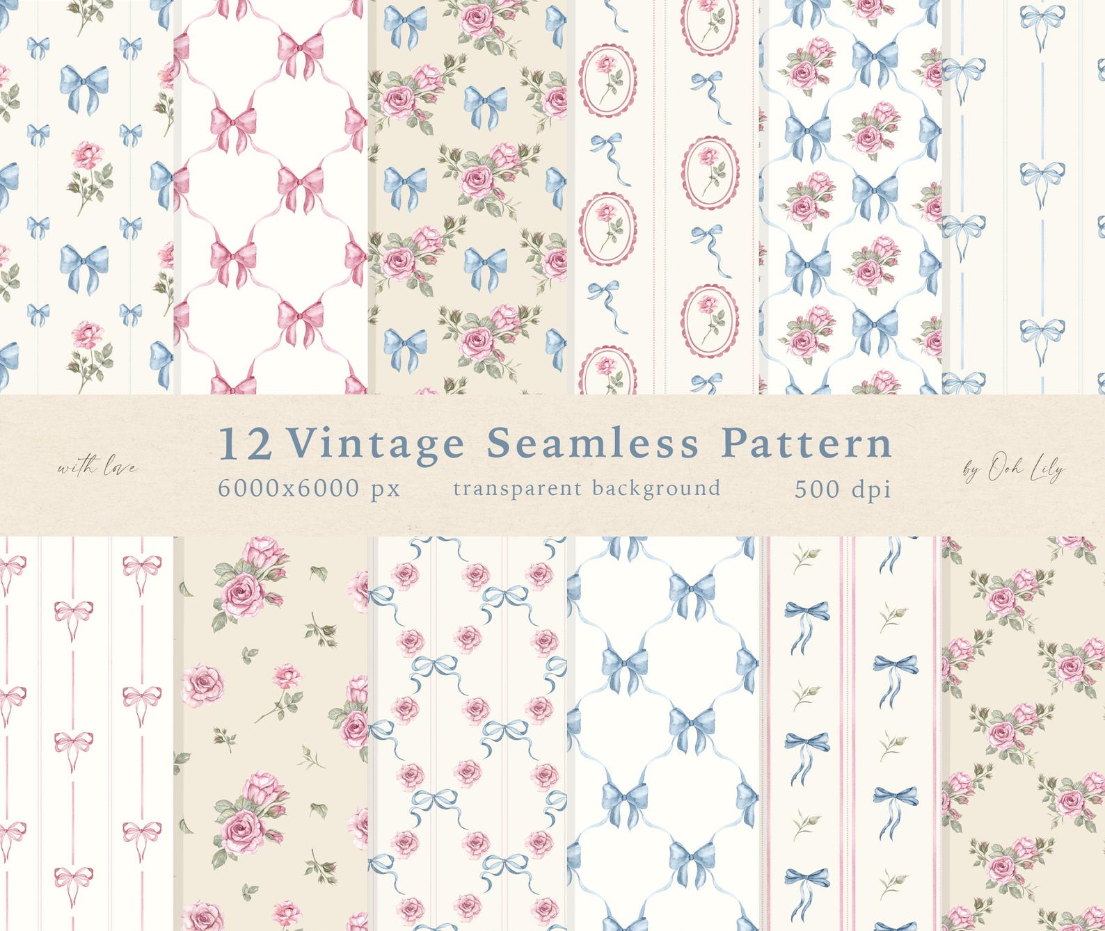 Watercolor Coquette Floral Seamless Pattern, Vintage Bows and Roses ...