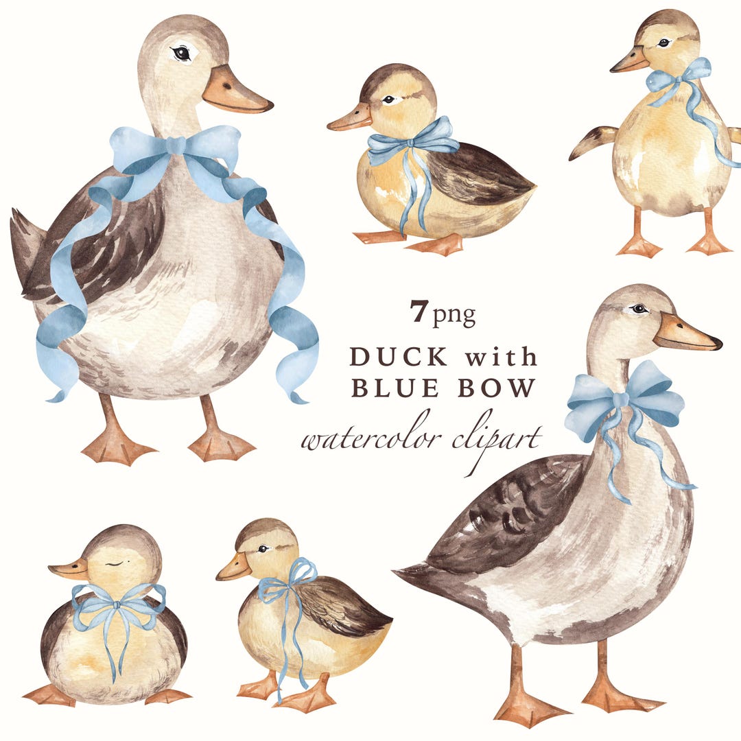 Blue Bow Duckling Watercolor Clipart: Farm Nursery Art (PNG Digital ...