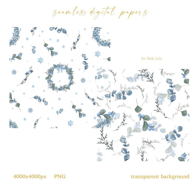 Winter Digital Paper Clipart, Watercolor Gold Blue Christmas, Floral ...