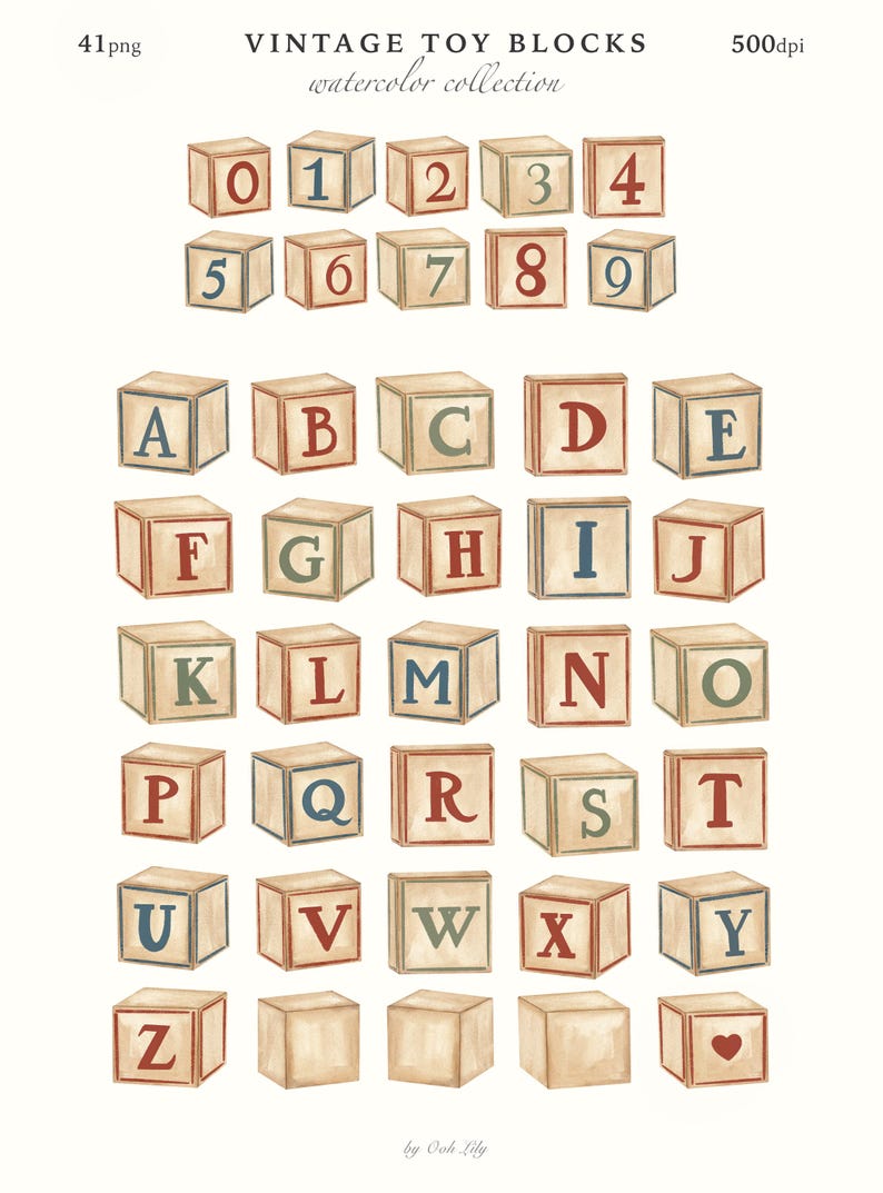 Watercolor Toy Blocks Clipart, Vintage Alphabet Numbers (PNG Digital ...